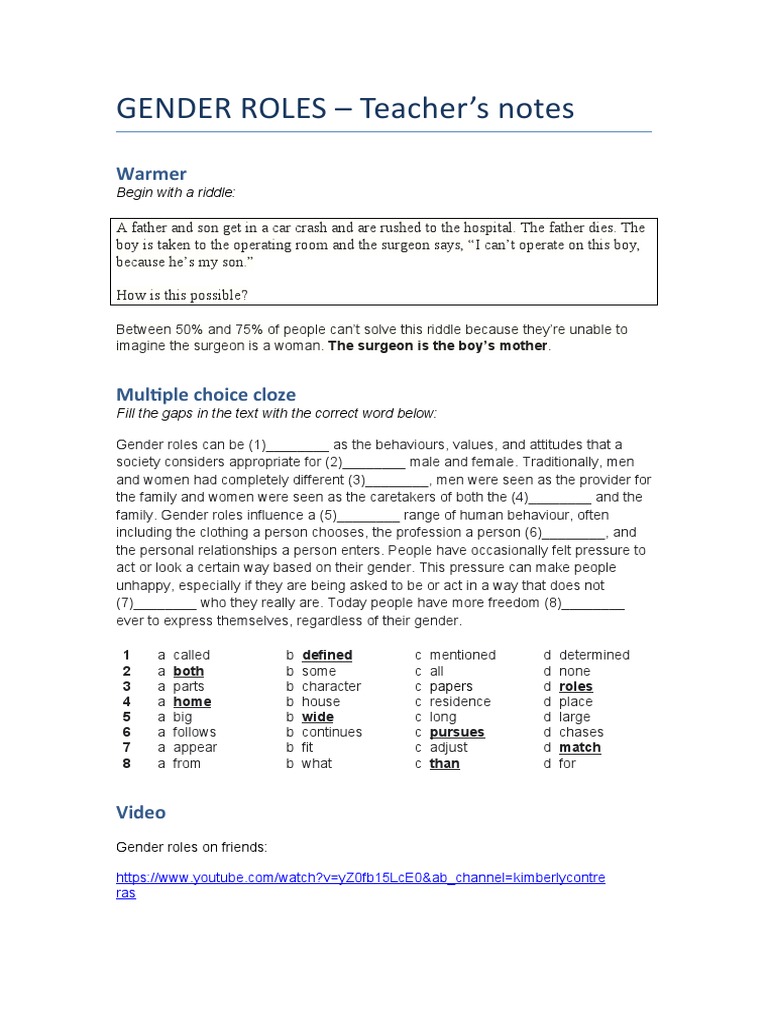 GENDER ROLES - Teacher's Notes: Warmer | PDF | Gender Role ...