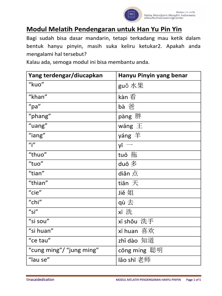 Modul Latihan Hanyu Pinyin Mandari | PDF
