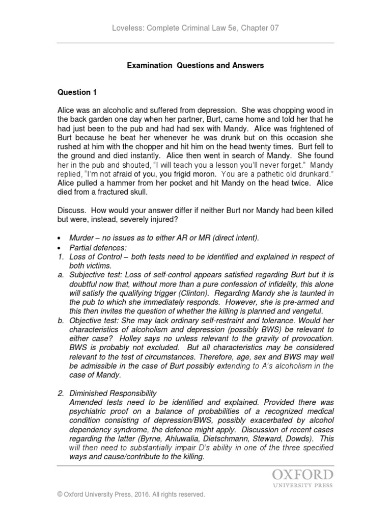 Examination Questions and Answers: Loveless: Complete Criminal Law 5e ...
