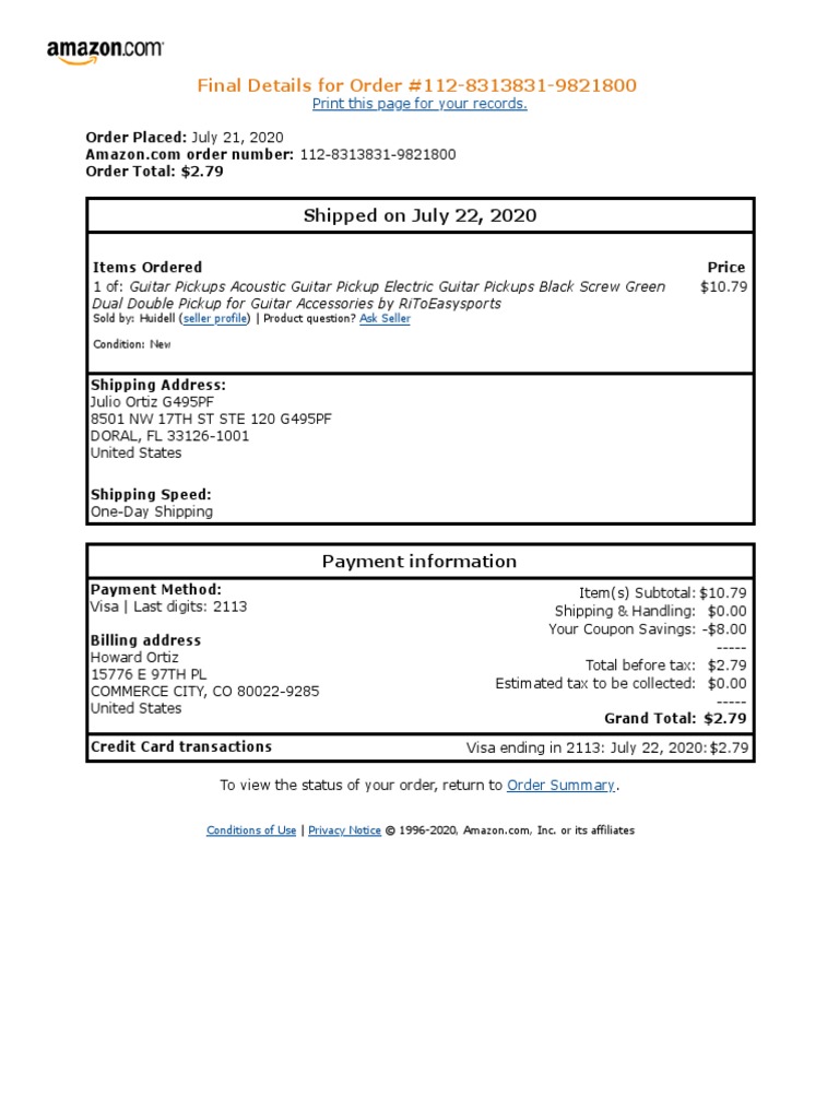 Final Details For Order #112-8313831-9821800: Shipped On July 22, 2020 ...