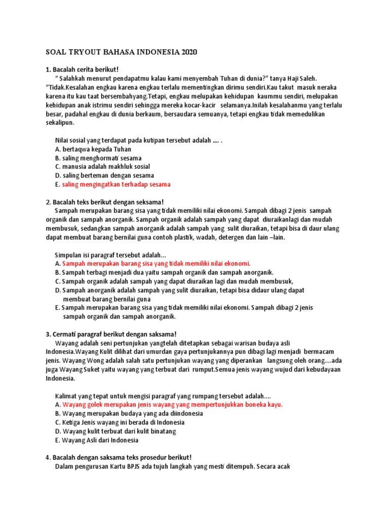 Soal Tryout Bahasa Indonesia 2020 | PDF