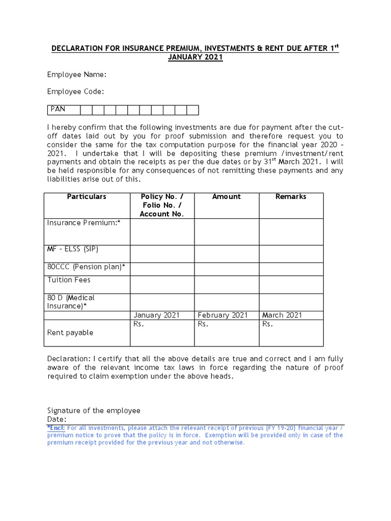 Insurance Premium Declaration Form | PDF