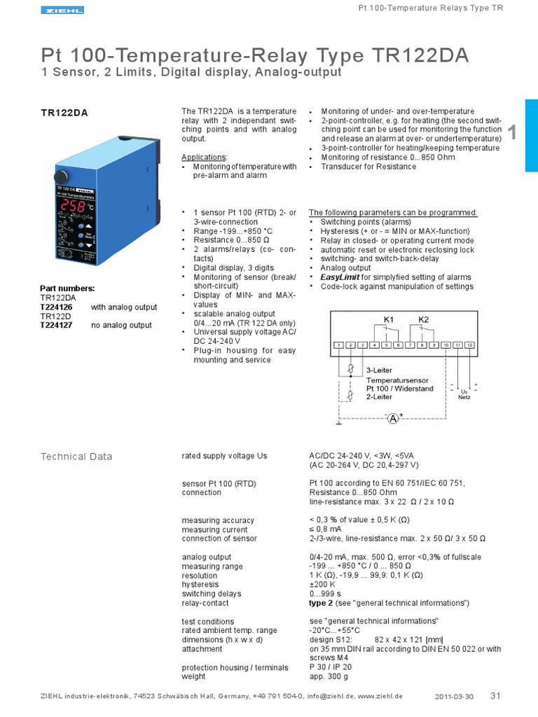 PT 100-Temperature-Relay Type TR122DA: 1 Sensor, 2 Limits, Digital ...