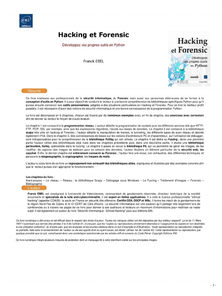 Hacking Et Forensic Developpez Vos Propres Outils en Python PDF | PDF