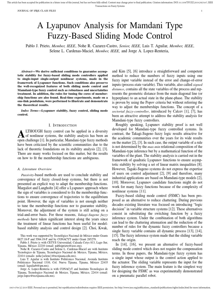 A Lyapunov Analysis For Mamdani Type Fuzzy-Based Sliding Mode Control | PDF | Stability Theory ...