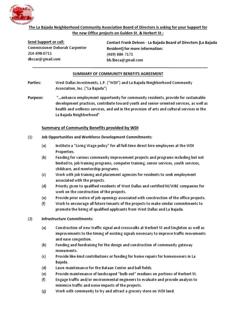 La Bajada Community Benefits Agreement | PDF | Employment | Policy