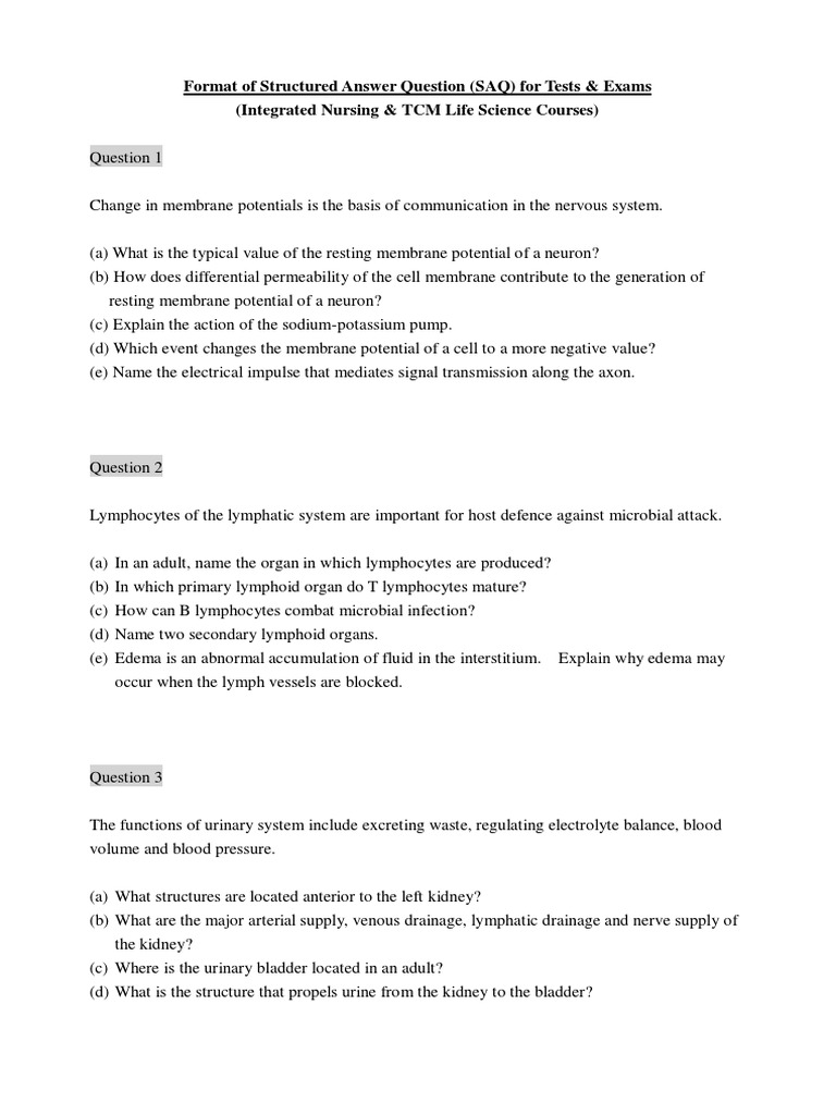 Sample SAQ For Tests Exams (BMSN BMSC) PDF | PDF