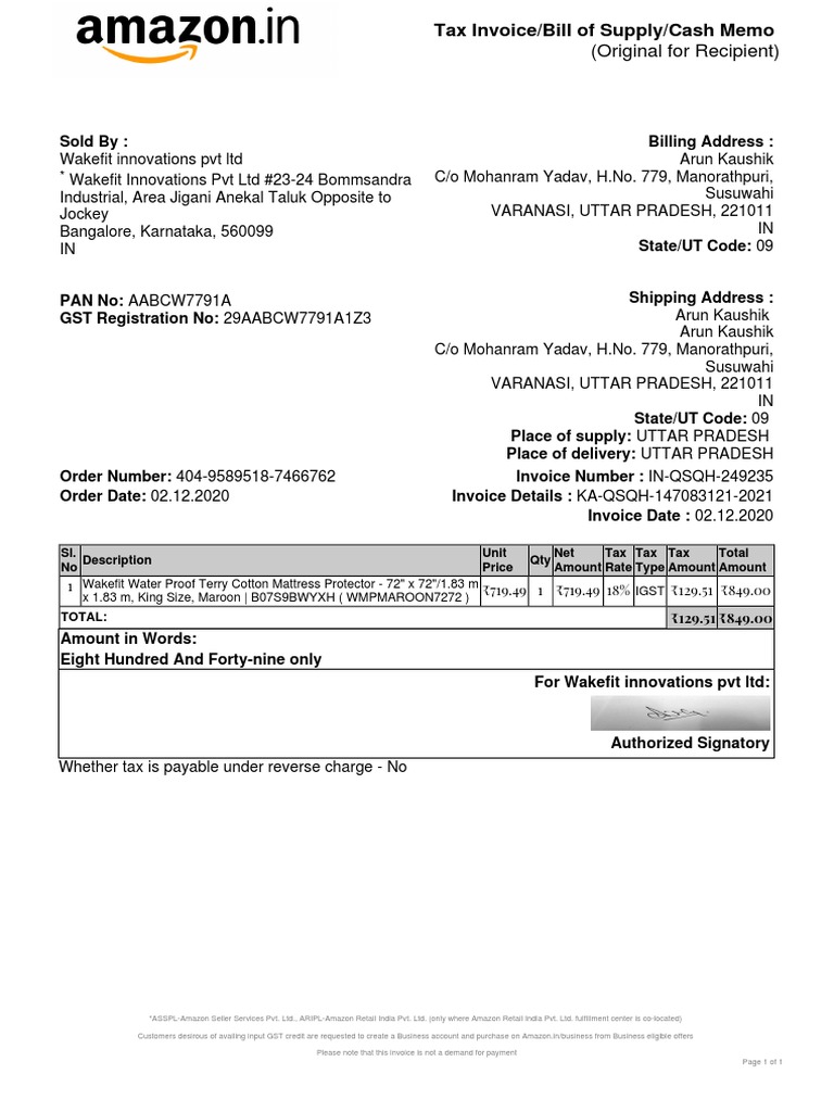 Wakefit Waterproof Mattress Invoice | PDF | Invoice | Value Added Tax