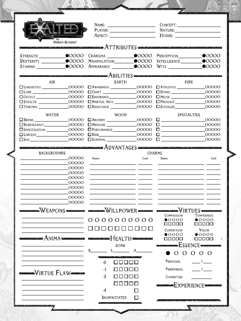 The Dragon Blooded Character Sheet (Exalted) | PDF