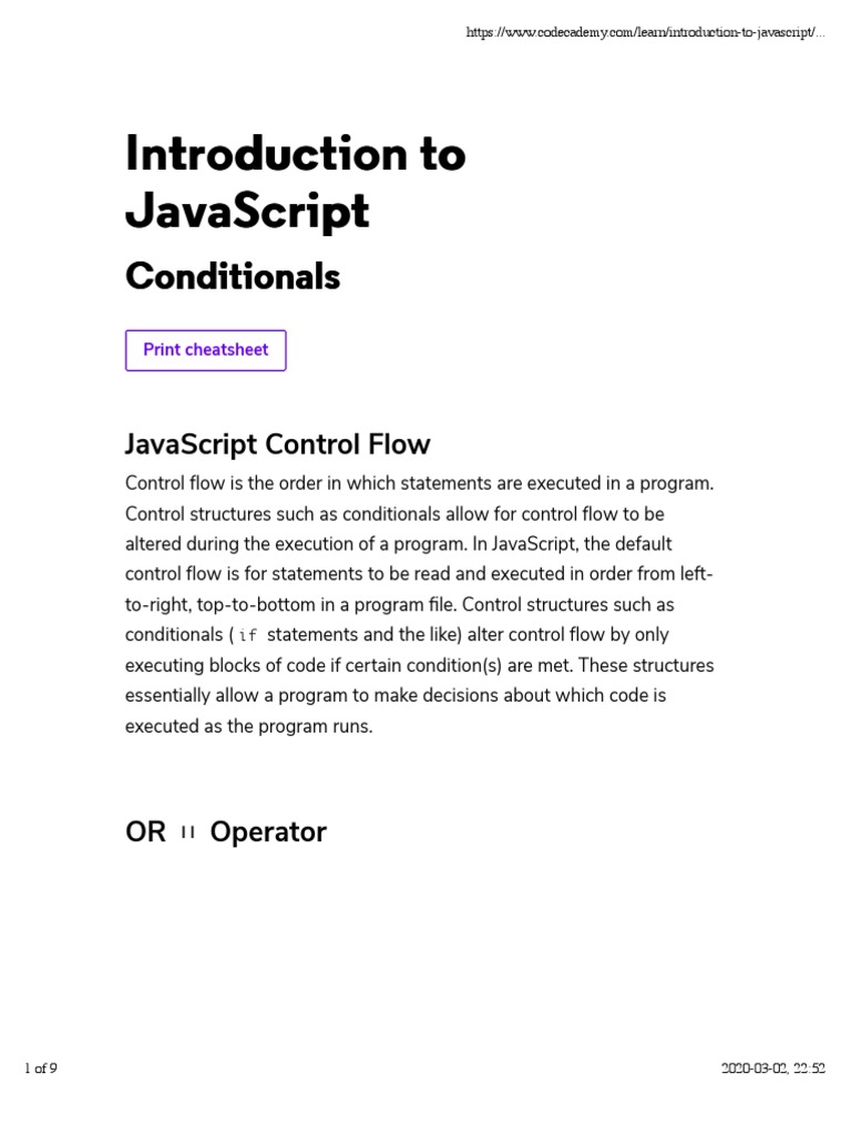 JS Cheatsheet Conditionals | PDF | Control Flow | Syntax (Logic)