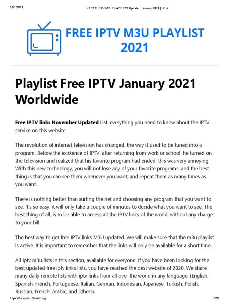 FREE IPTV M3U PLAYLISTS Updated 2021 | PDF | Ios | Internet