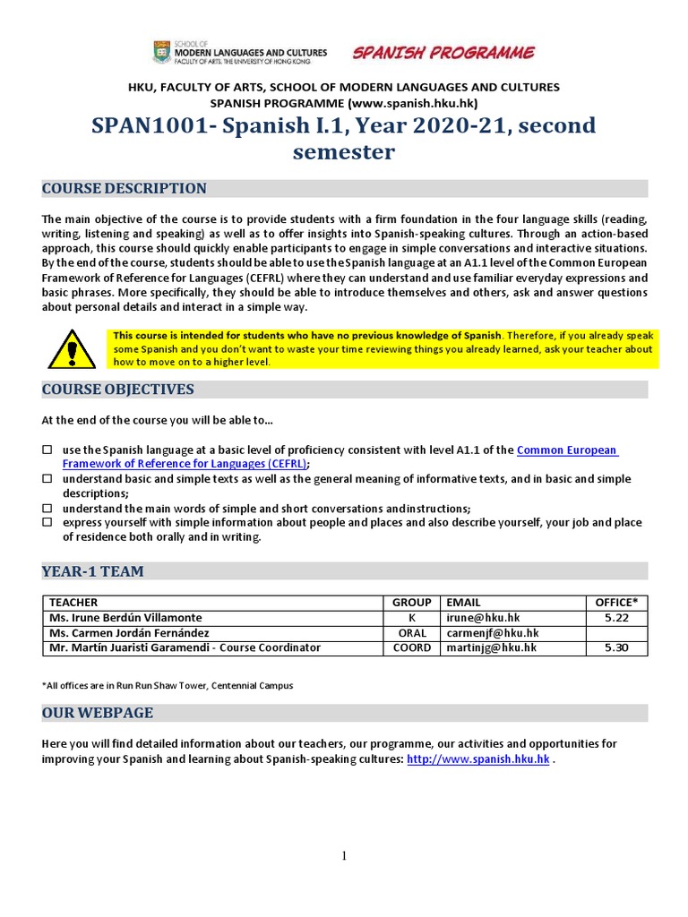 Spanish I.1 Course Overview 2020-21 | PDF | Verb | Reading Comprehension