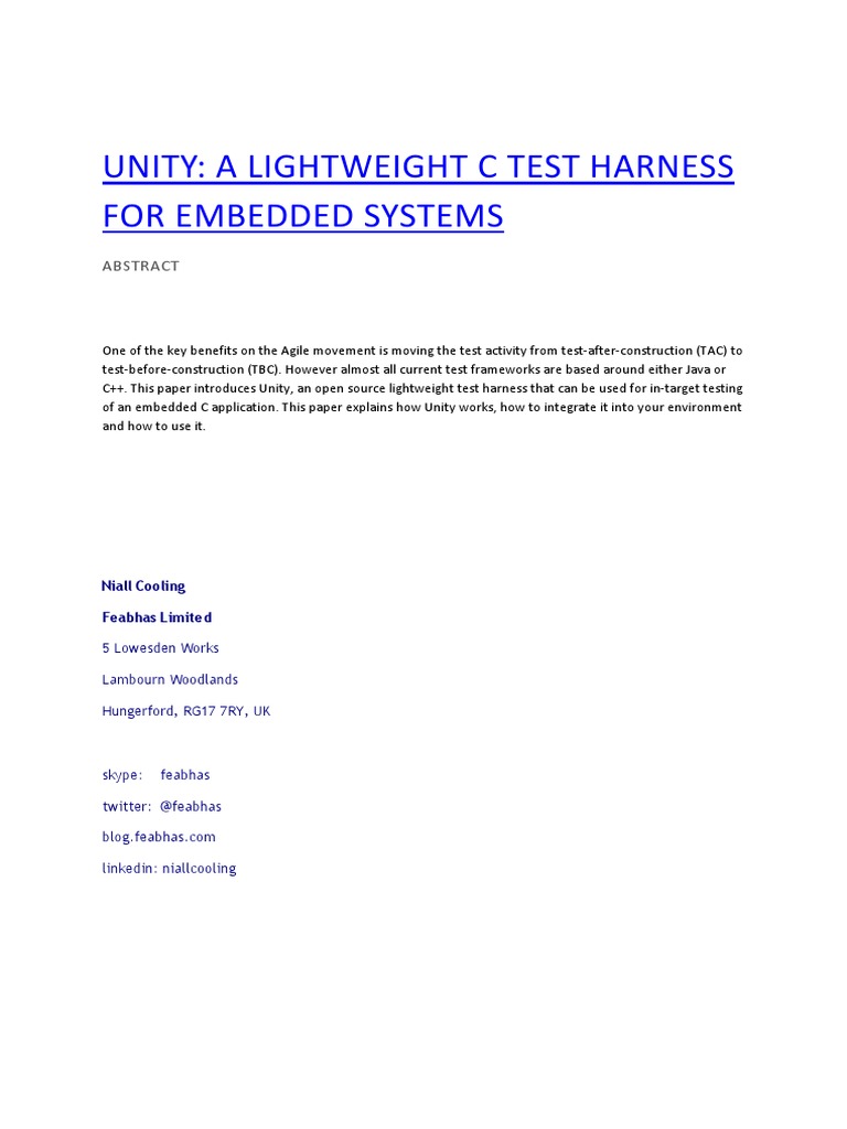 Unity: A Lightweight C Test Harness For Embedded Systems: Niall Cooling ...