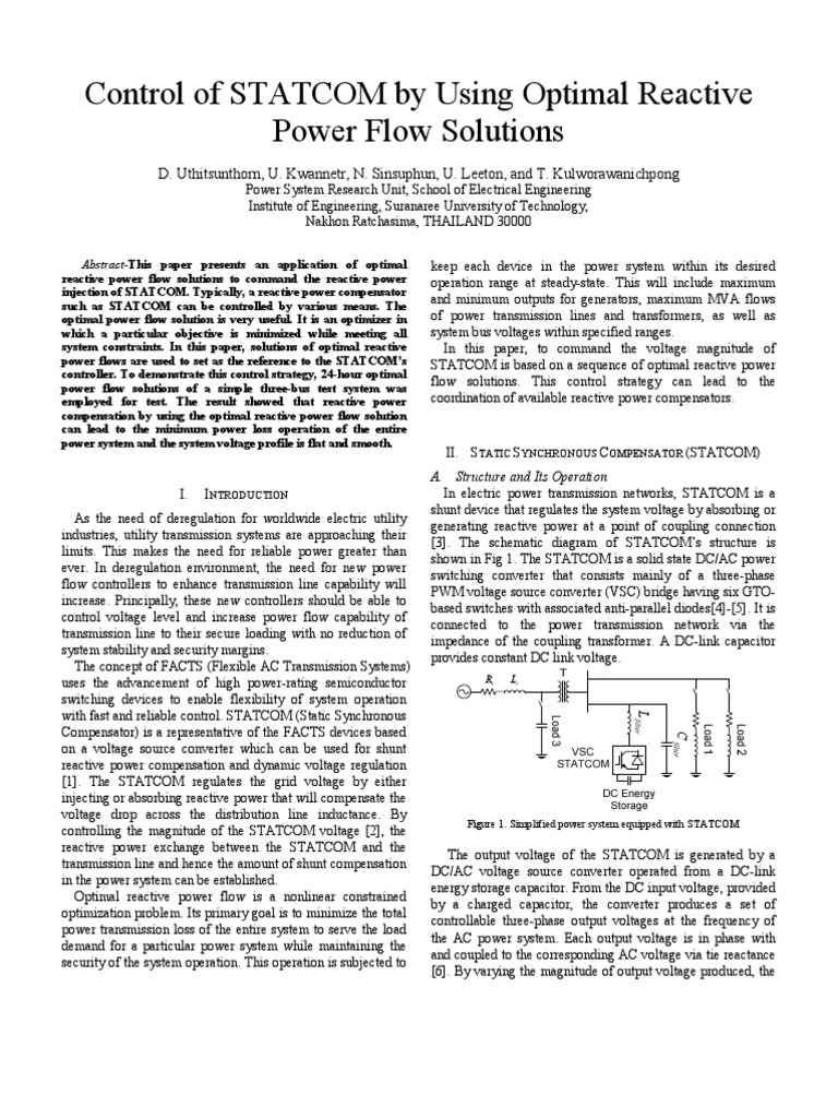 Control of STATCOM by Using Optimal Reactive Power Flow Solutions | PDF ...