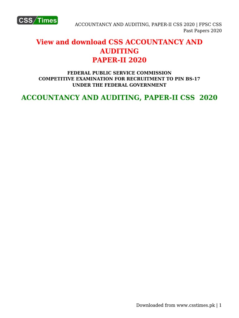 ACCOUNTANCY AND AUDITING, PAPER-II CSS 2020 - FPSC CSS Past Papers 2020 ...
