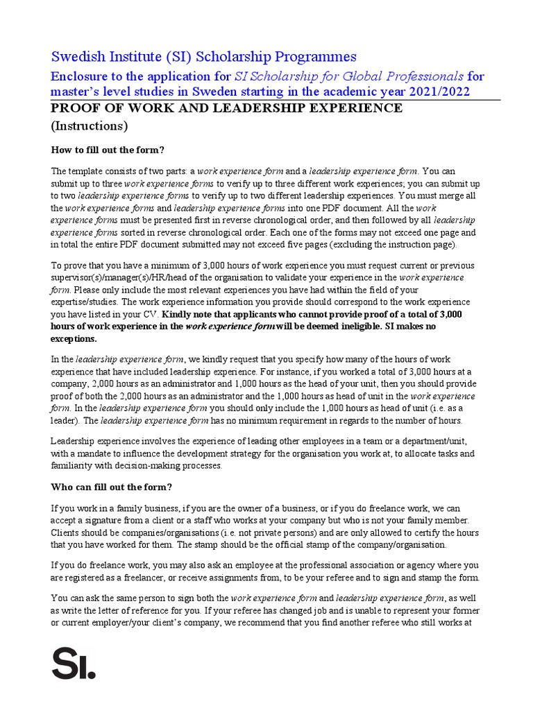 Swedish Institute (SI) Scholarship Programmes: Proof of Work and ...