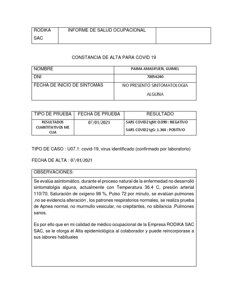 Alta Epidemiológica COVID-19 RODIKA SAC | PDF