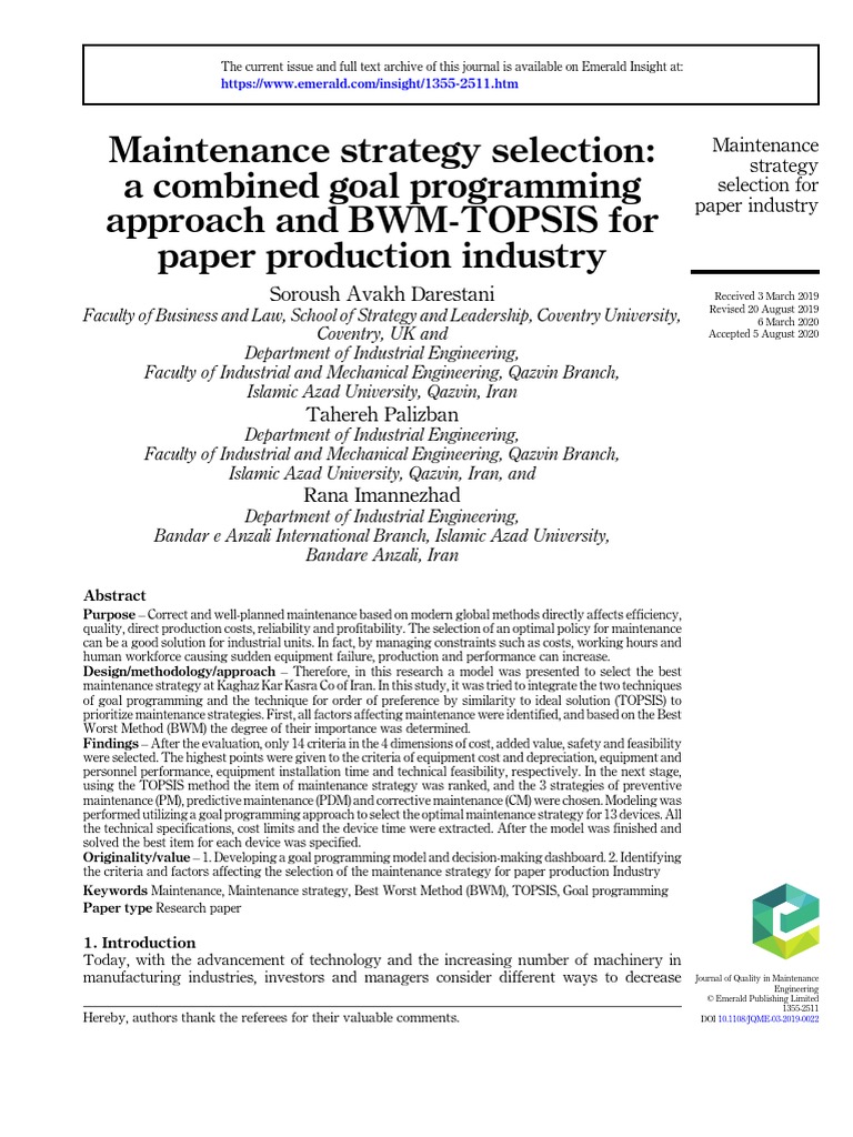 Maintenance Strategy Selection: A Combined Goal Programming Approach ...