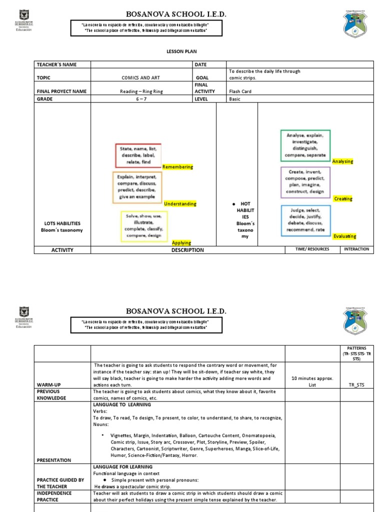 Bosanova School I.E.D.: Lesson Plan Teacher S Name Date Topic Goal Final Proyect Name Final ...