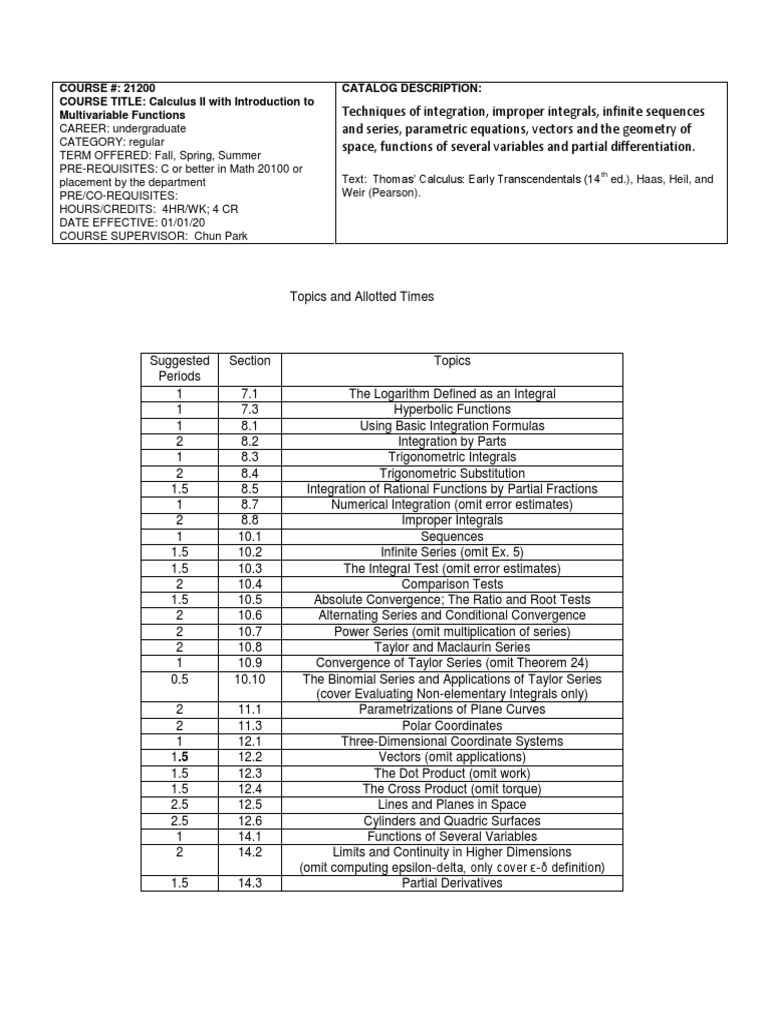 Math 212 Syllabus CLO sp20 | PDF | Integral | Series (Mathematics)
