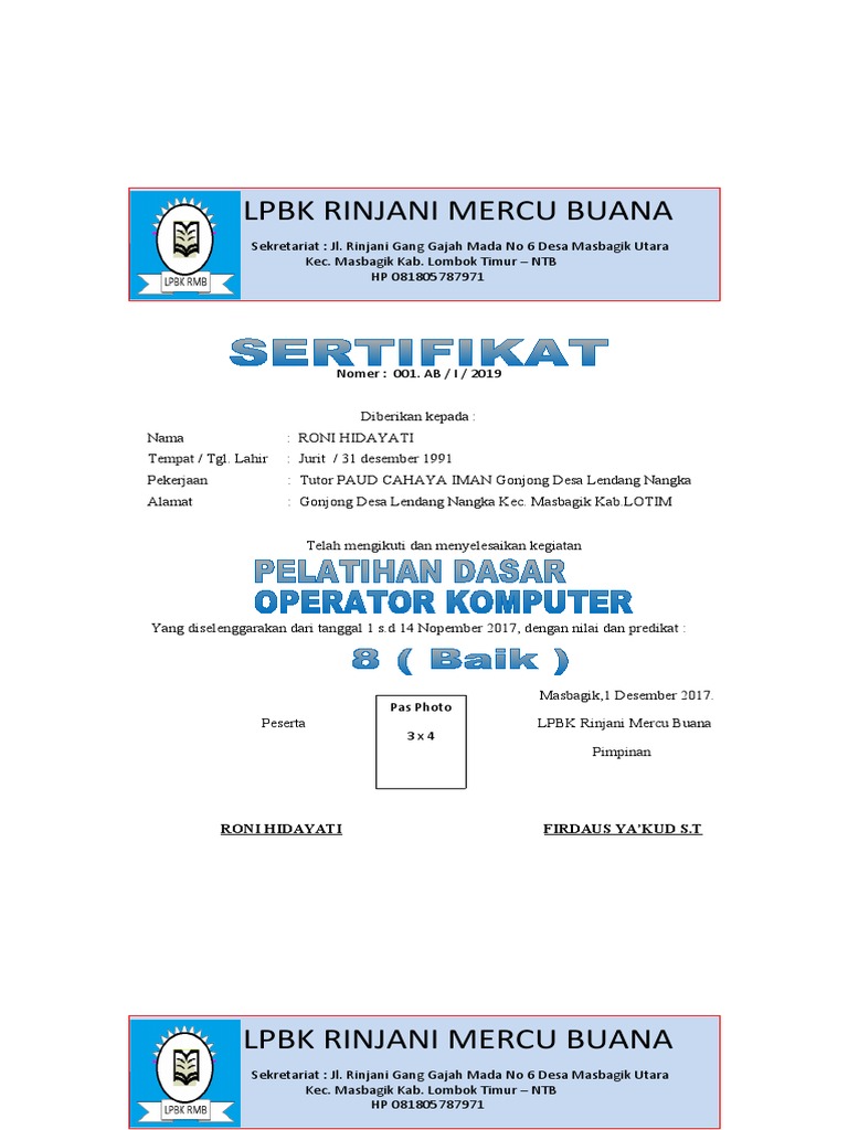 Sertifikat Pelatihan Operator Komputer | PDF