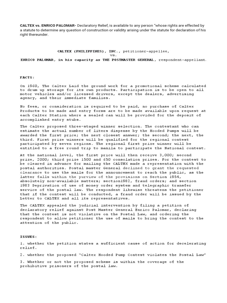 1 CALTEX VS PALOMAR (Case Digest) | PDF | Declaratory Judgment | Legal Remedy