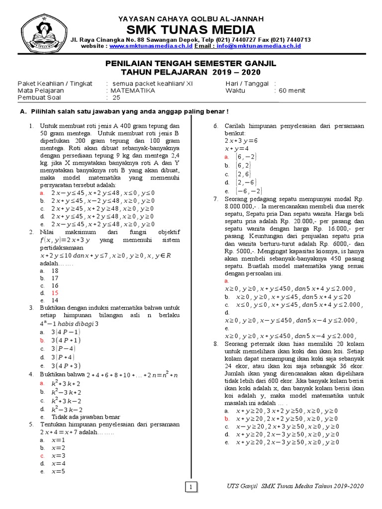 Kisi-Kisi Soal Matematika Xi | PDF