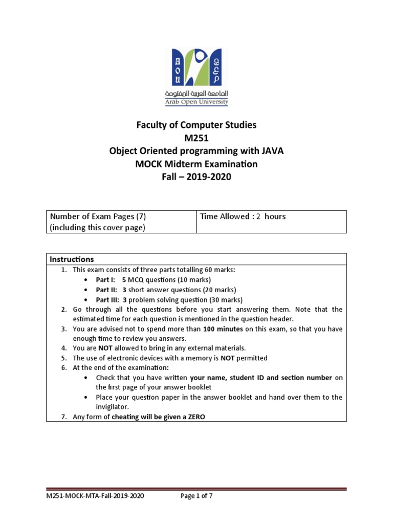 M251 Mock Mta Fall 2019 2020 | PDF | Method (Computer Programming) | Class (Computer Programming)