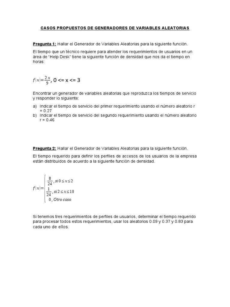 Casos Propuestos de Generadores de Variables Aleatorias 2021-0 | PDF