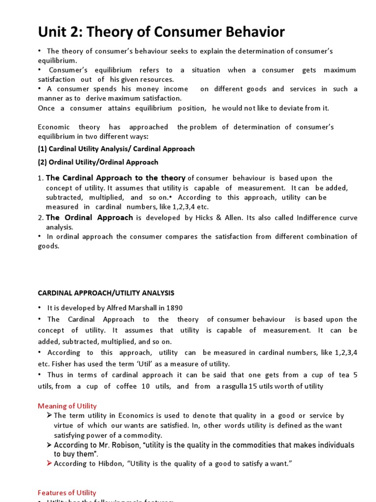 Unit 2: Theory of Consumer Behavior: The Cardinal Approach To The ...