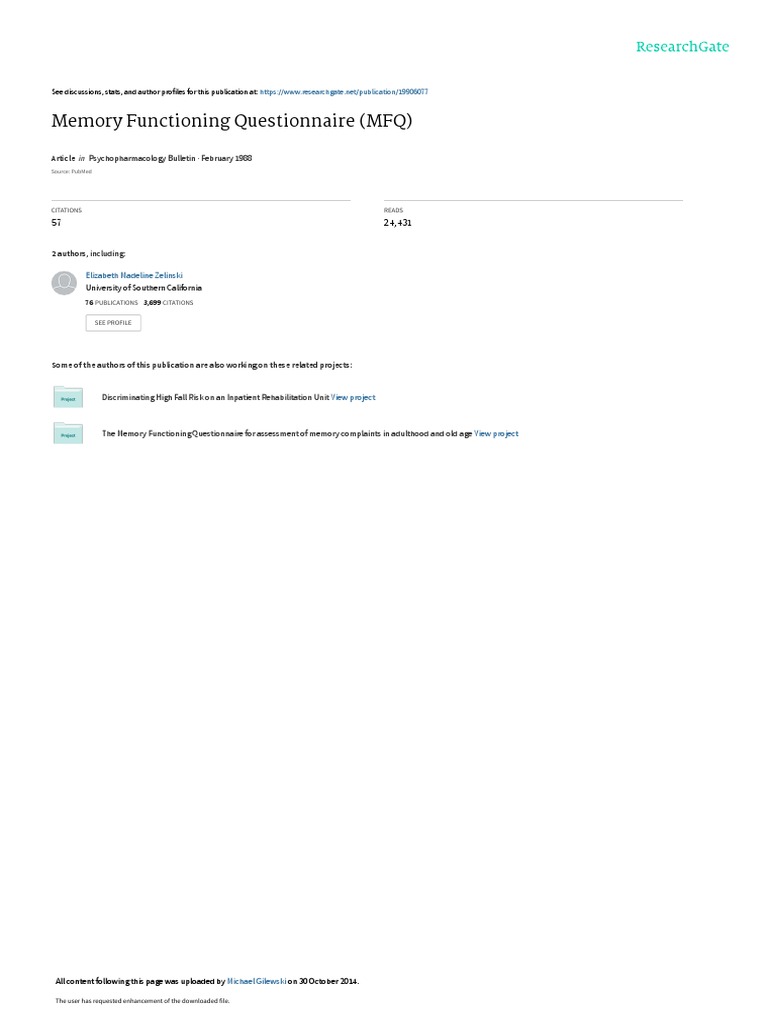 Memory Functioning Questionnaire (MFQ) : Psychopharmacology Bulletin ...