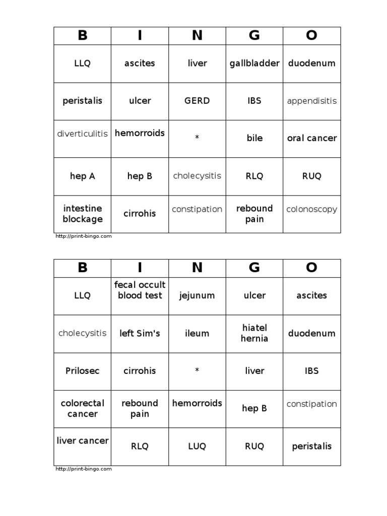 Bingo Cards 1x2 | PDF | Gastroenterology | Digestive System
