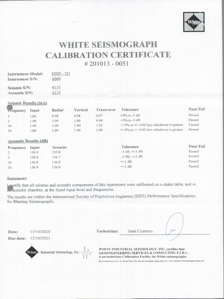 W H I T E Seismograph Calibration Certificate: Msn-2G 4060 | PDF | Geophysics | Measuring Instrument