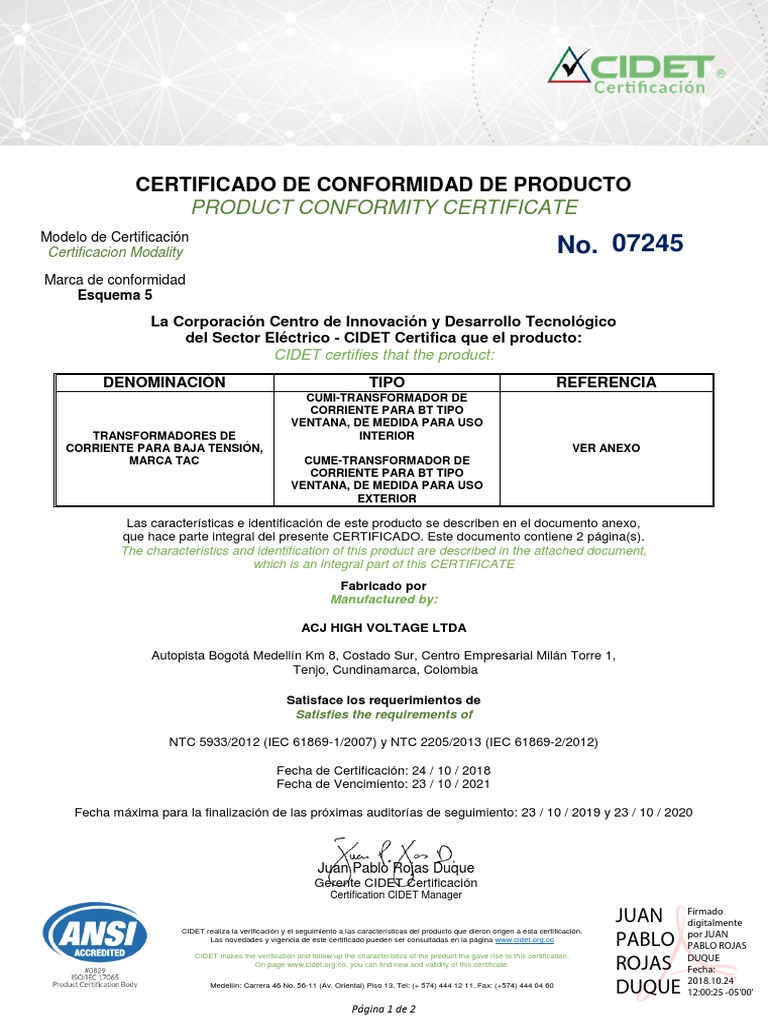 Certificado de conformidad para transformadores de corriente de baja ...