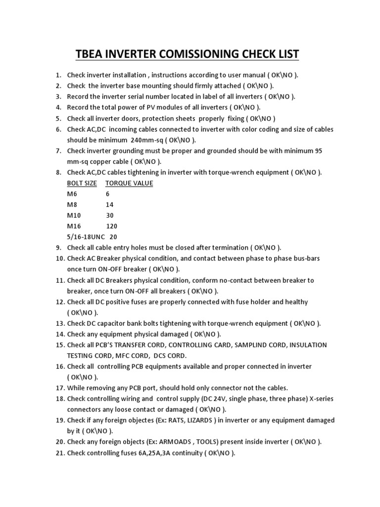 TBEA Inverter Commissioning Checklist | PDF | Power Inverter | Direct ...