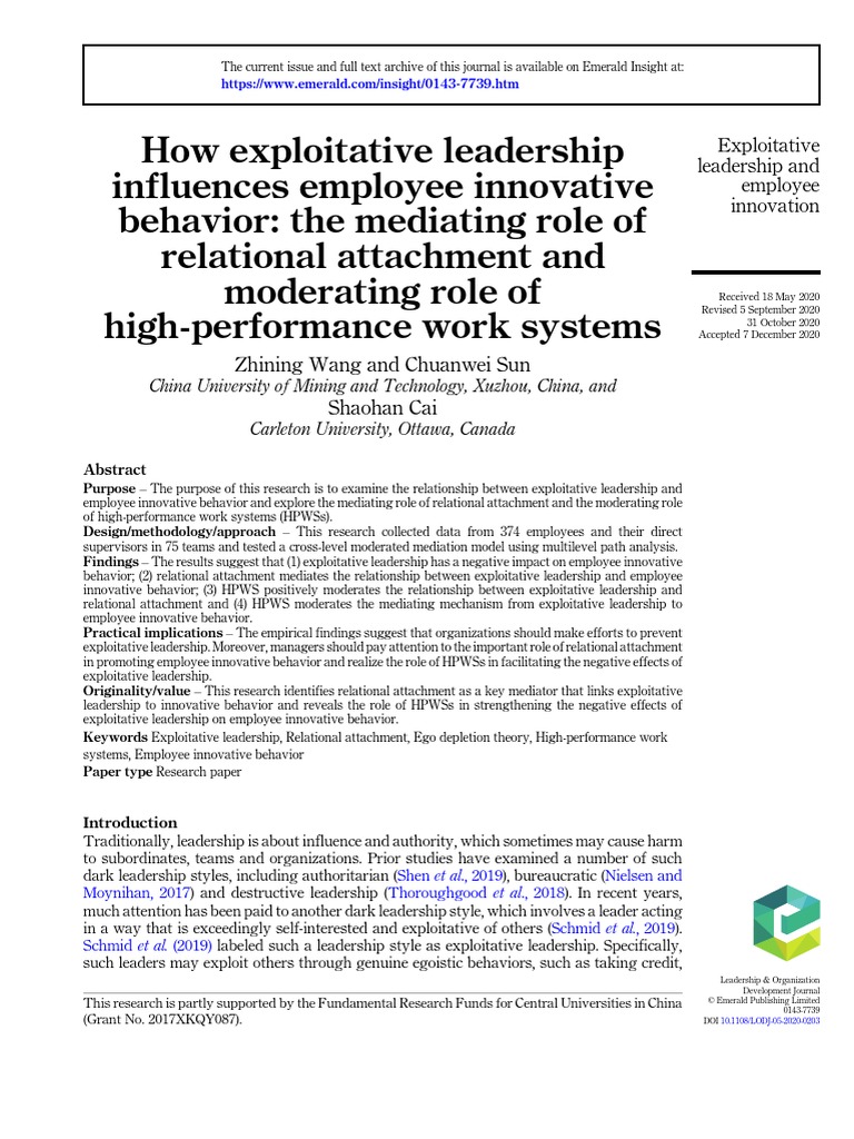 How Exploitative Leadership Influences Employee Innovative Behavior: The Mediating Role of ...