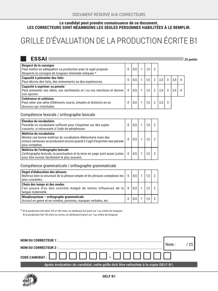 Grille Evaluation Production Ecrite Delf b1 Scolaire | PDF | Lexique | Orthographie