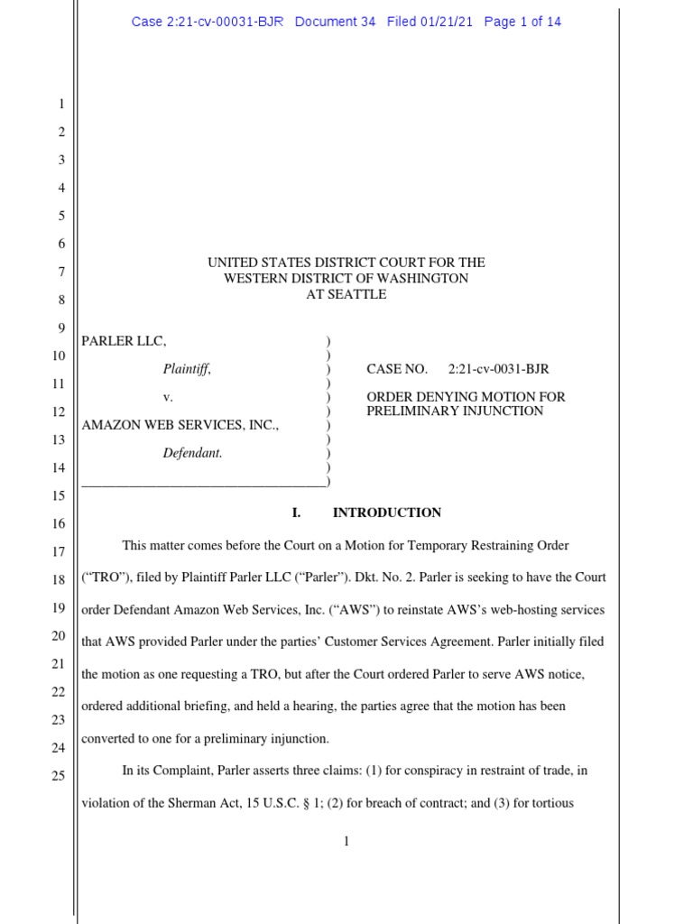 Parler v. Amazon Web Services - Order Denying Preliminary Injunction 1-21-2021 | PDF ...