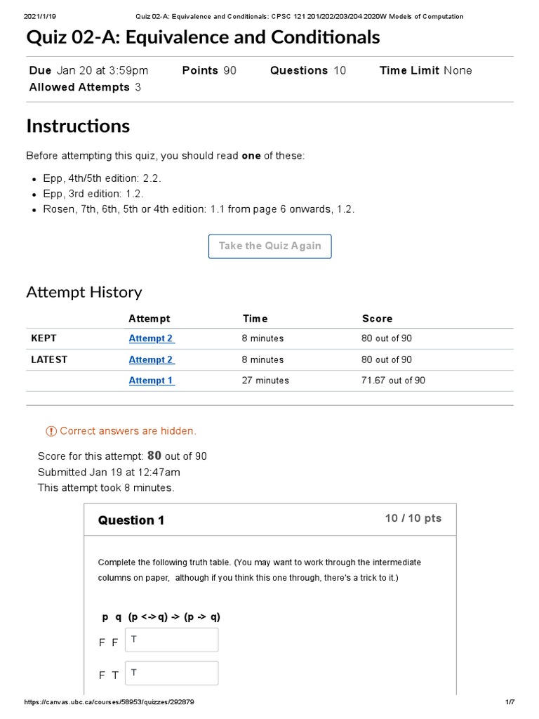 Quiz 02-A - Equivalence and Conditionals - CPSC 121 201 - 202 - 203 - 204 2020W Models of ...