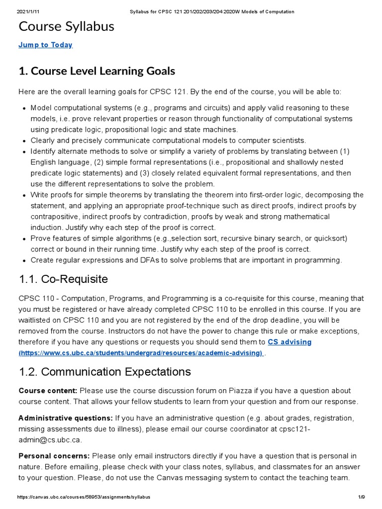 Syllabus For CPSC 121 201 - 202 - 203 - 204 2020W Models of Computation | PDF | Mathematical ...