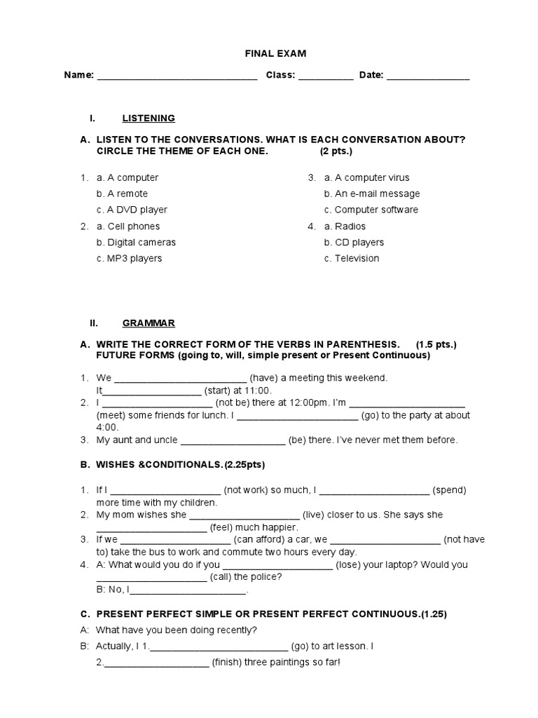 Examen Final Inglés Ii Pdf Grammar Linguistics