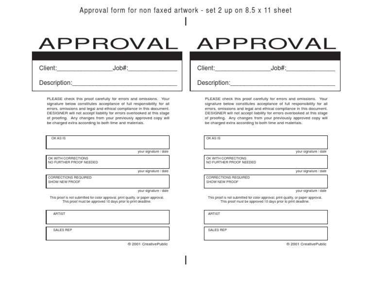Approval Approval: Approval Form For Non Faxed Artwork - Set 2 Up On 8. ...