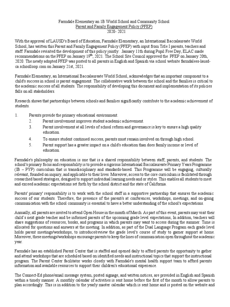 Parent and Family Engagement Policy | PDF | Elementary And Secondary ...
