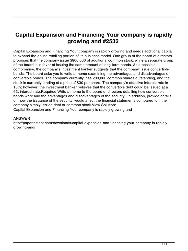 Capital Expansion and Financing Your Company Is Rapidly Growing and | PDF