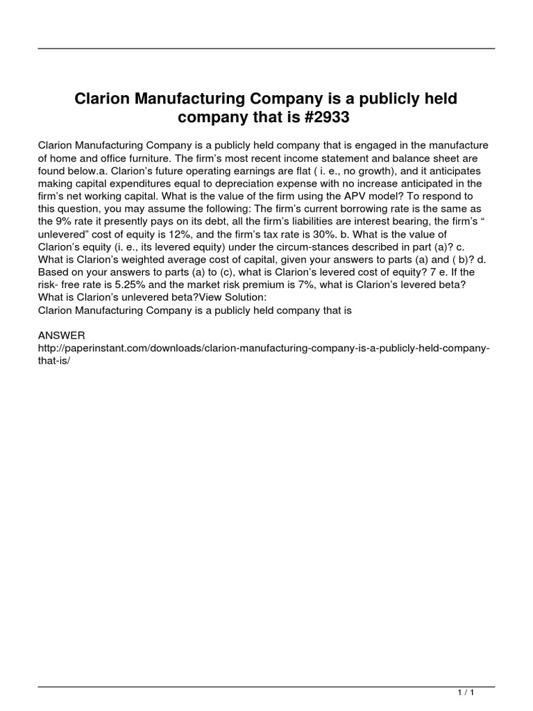 Clarion Manufacturing Company Is A Publicly Held Company That Is | PDF