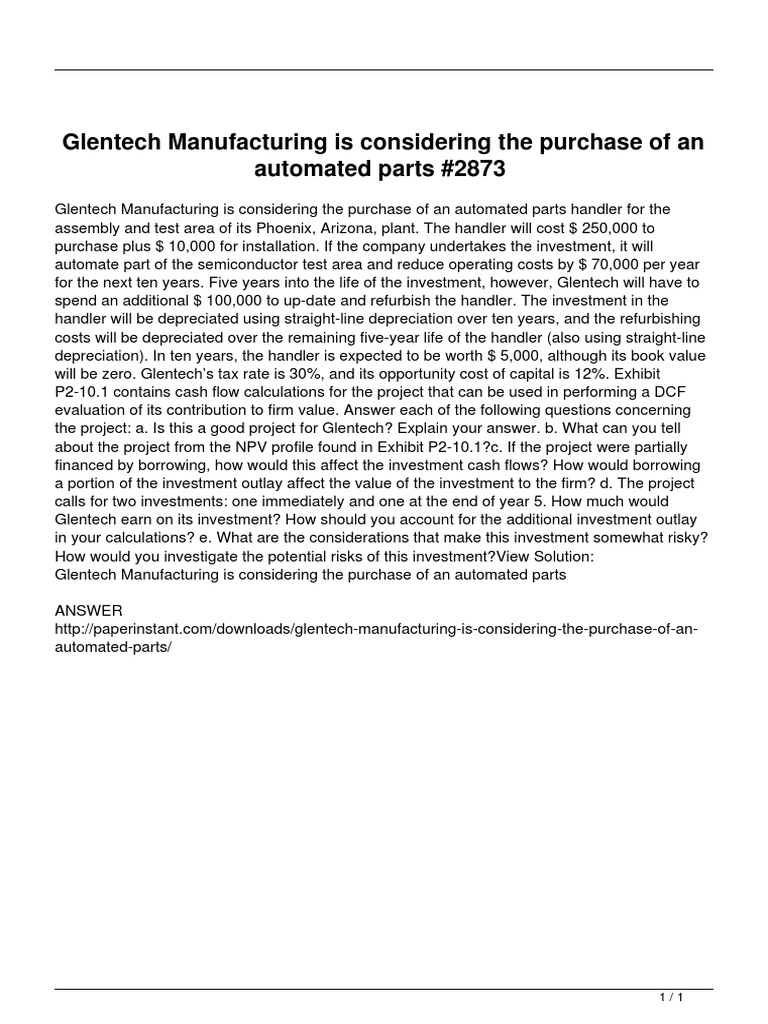 Glentech Manufacturing Is Considering The Purchase of An Automated Parts | PDF | Investing ...