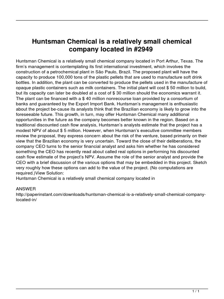 Huntsman Chemical Is A Relatively Small Chemical Company Located in ...