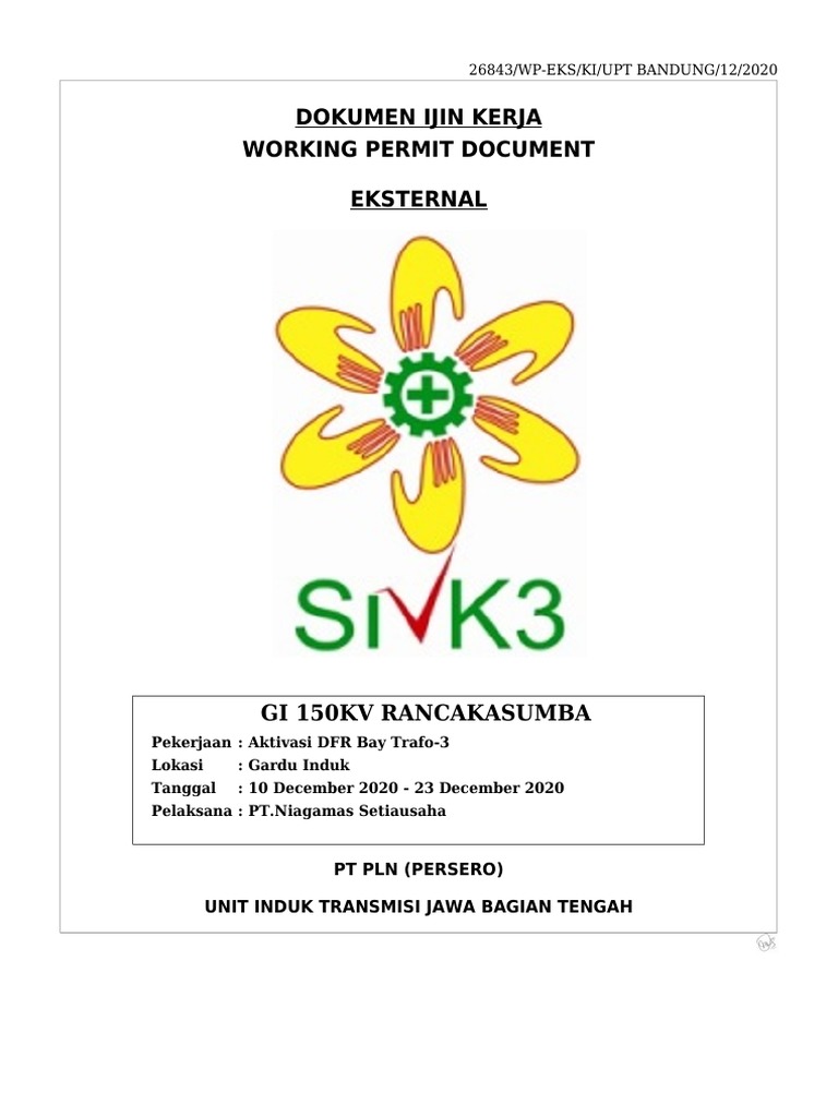 Dokumen Ijin Kerja Working Permit Document Eksternal: PT PLN (Persero ...