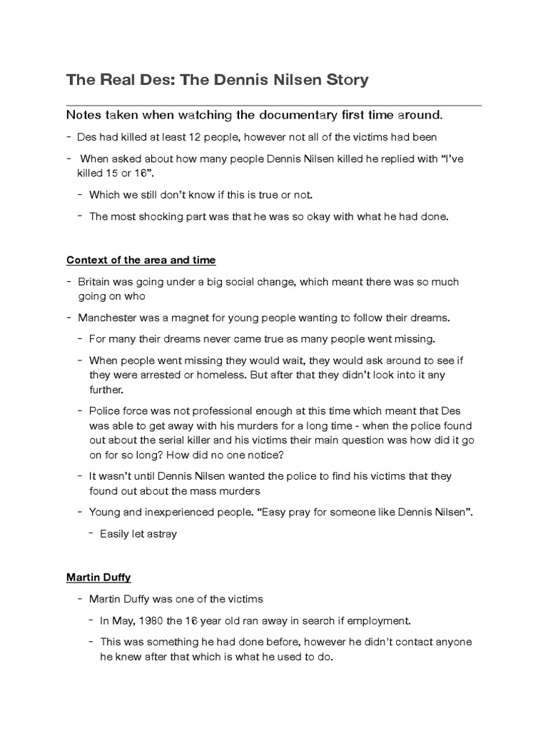 Dennis Nielsen Documentary Notes | PDF | Serial Killer | Murder
