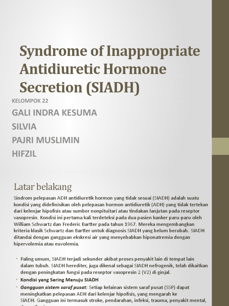 Syndrome of Inappropriate Antidiuretic Hormone Secretion (SIADH | PDF